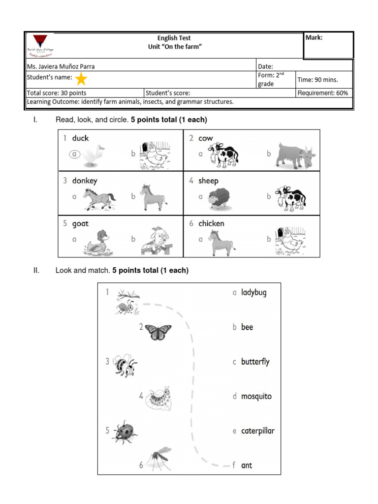 2nd Grade - Test - On The Farm - Diferenciada | PDF