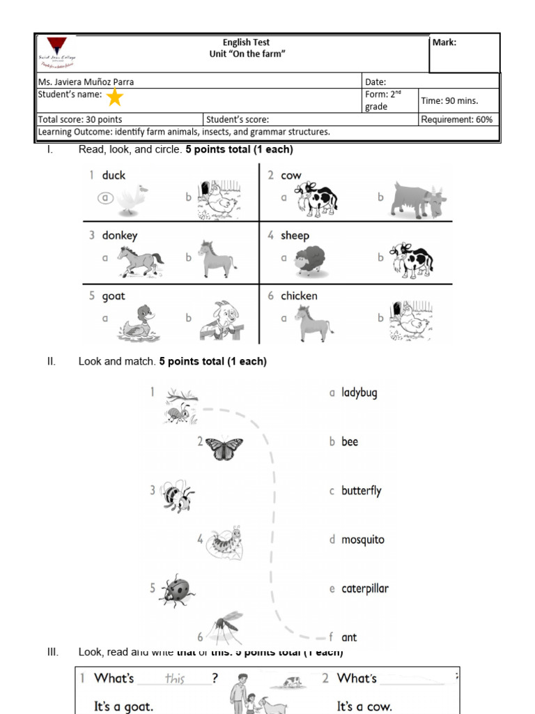 Grade 2 English Farm Animals Test | PDF