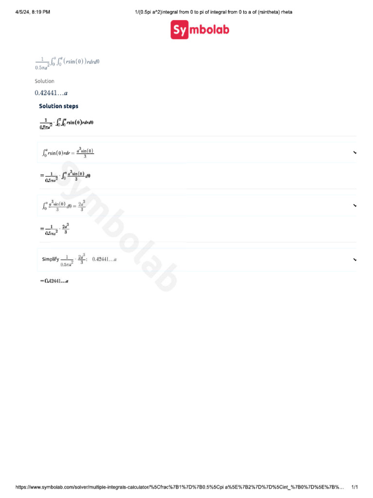 1 - (0.5pi A 2) Integral From 0 To Pi of Integral From 0 To A of ...