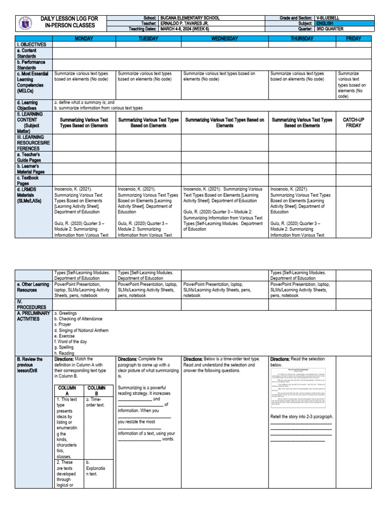 Grade 5 English Lesson Plan: Summarizing Texts | PDF | Reading Comprehension | Vocabulary