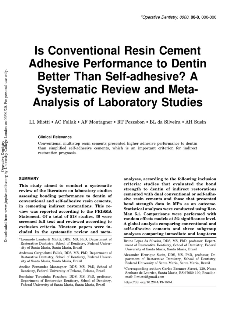 Dentin Adhesive: Conventional vs. Self-Adhesive | PDF | Meta Analysis ...