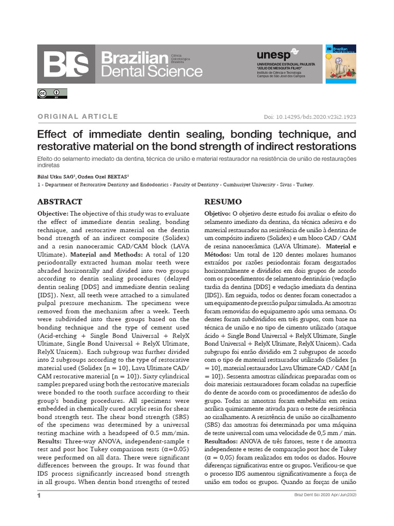 Effect of Immediate Dental Sealing Bonding Technique and Restorative ...