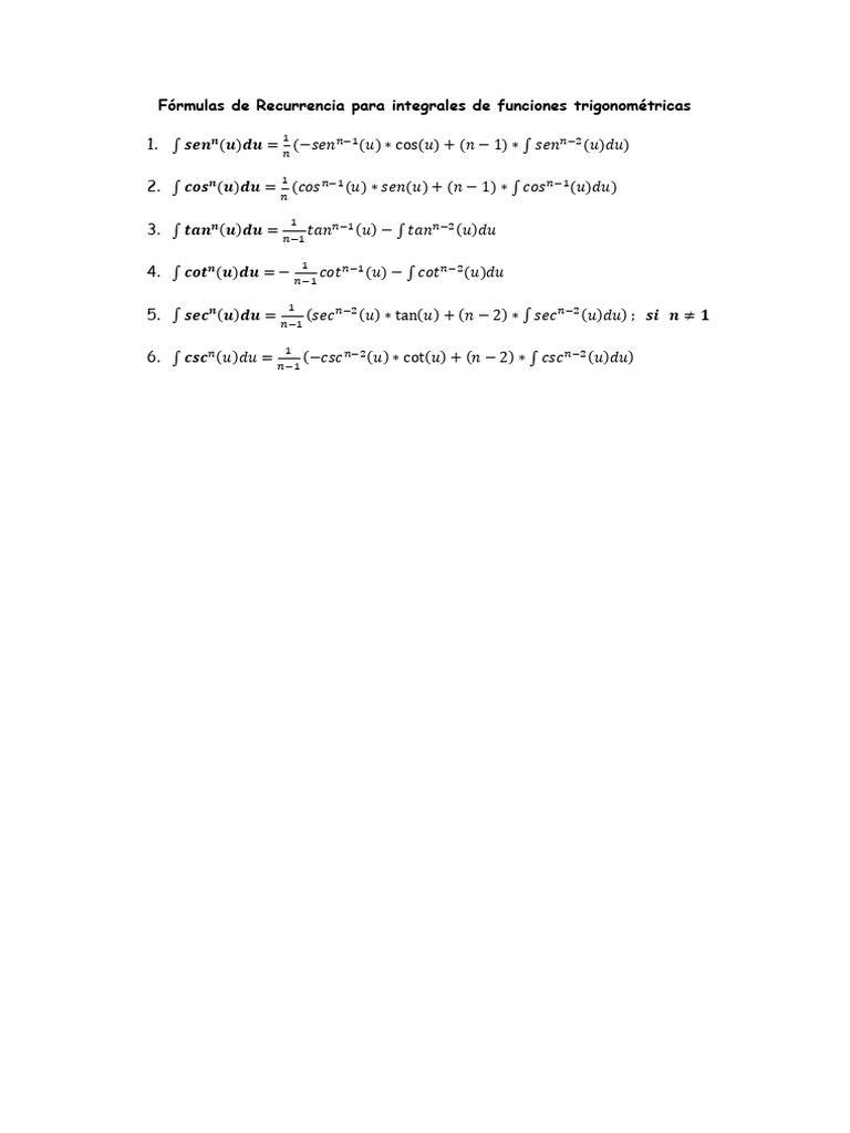 Formulas de Recurrencia de Integrales Trigonometricas | PDF