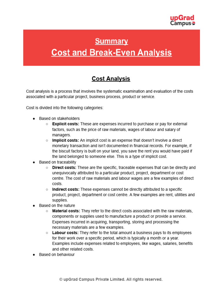 Cost and Break Even Analysis Summary | PDF | Cost | Cost Of Goods Sold