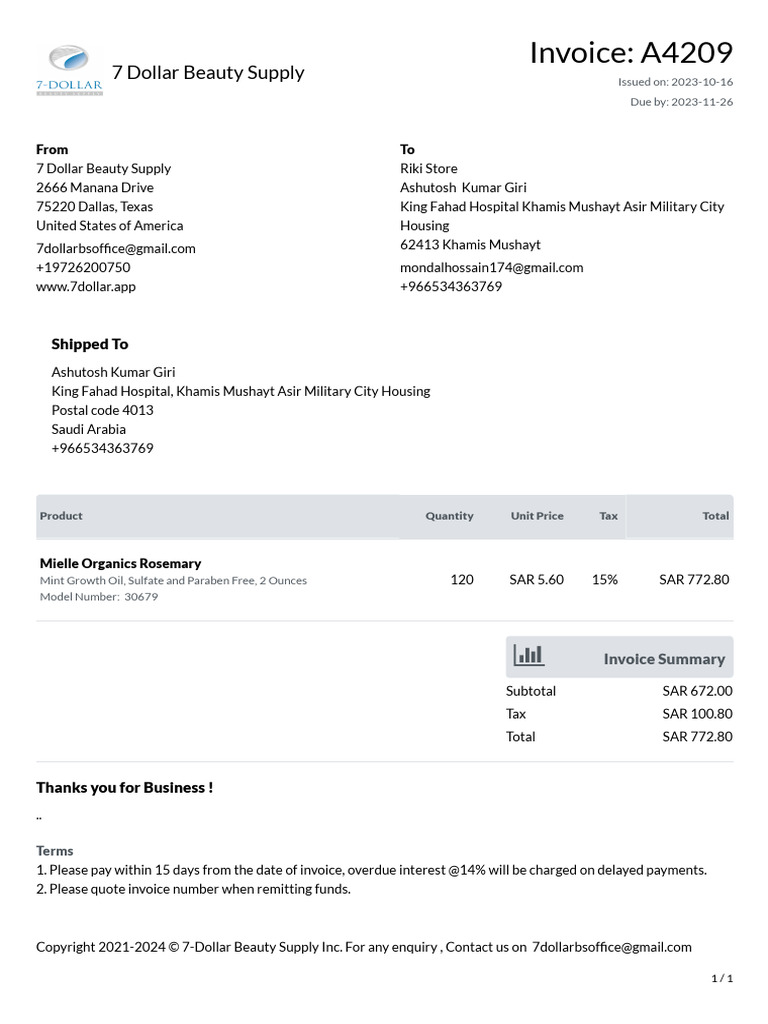 7 Dollar Distributor Invoice for Oil Rosemary | PDF