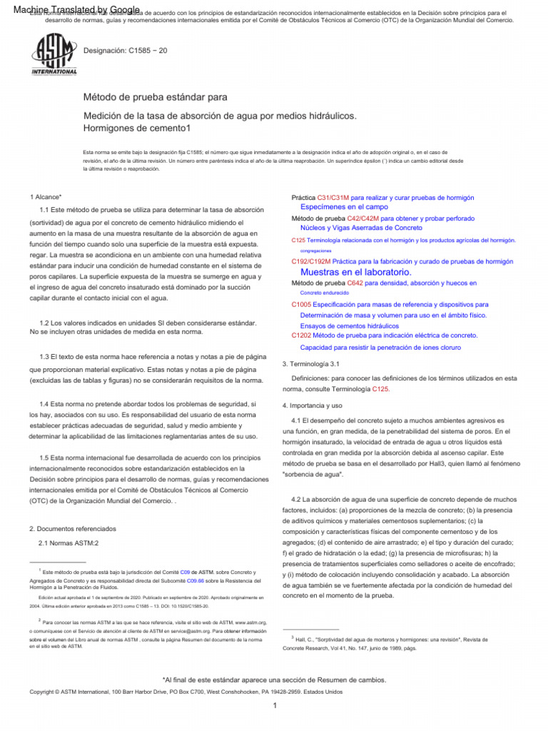 C1585-20 Standard Test Method For Measurement of Rate of Absorption of ...