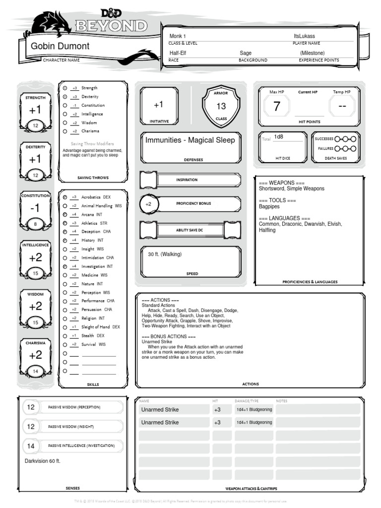 Gobin Dumont: Half-Elf Monk Profile | PDF