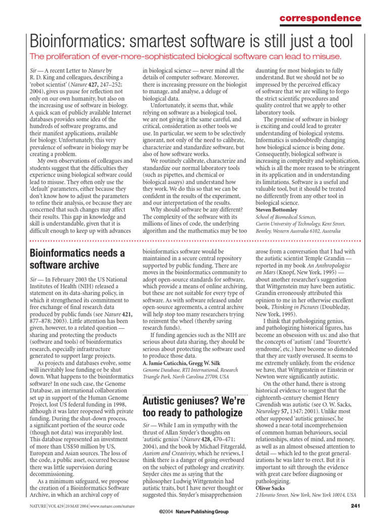 Sacks, Oliver - Autistic Geniuses (Letter) (2004) | PDF | Bioinformatics | Software