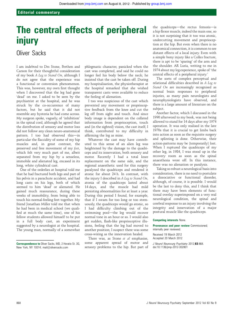 Sacks, Oliver - The Central Effects of Peripheral Injury (2012) | PDF ...