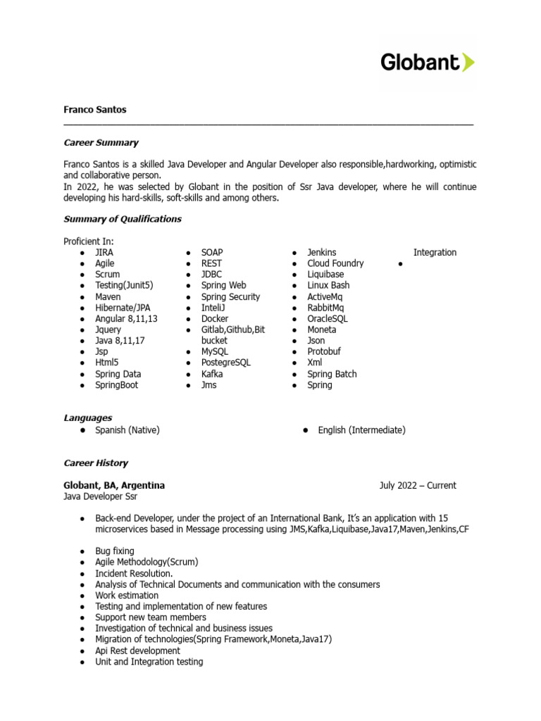CV__Formato_Globantfsantos | PDF | Java (Programming Language) | Spring Framework