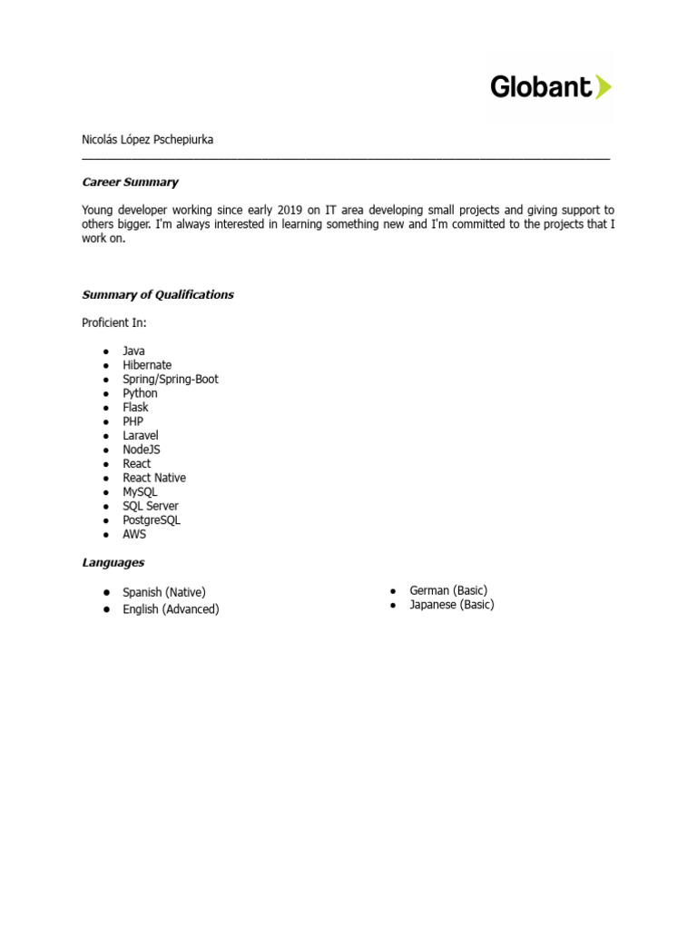 CV Nicola S Lo Pez Pschepiurka | PDF | Java (Programming Language) | My Sql