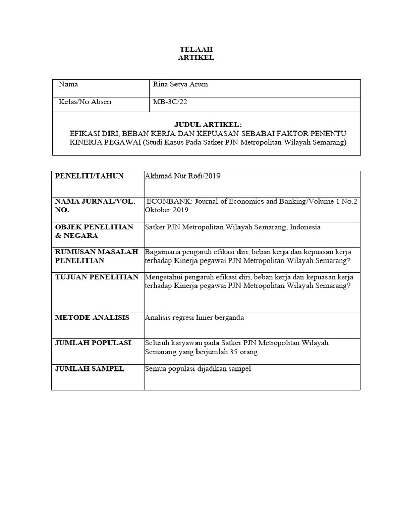 Template Telaah Artikel Rinaaa | PDF | Karier & Perkembangan