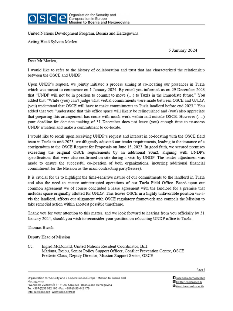 Letter To UNDP | PDF | Organization For Security And Co Operation In Europe