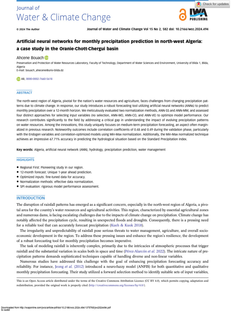 Artificial Neural Networks For Monthly Precipitation Prediction In North West Algeria A Case