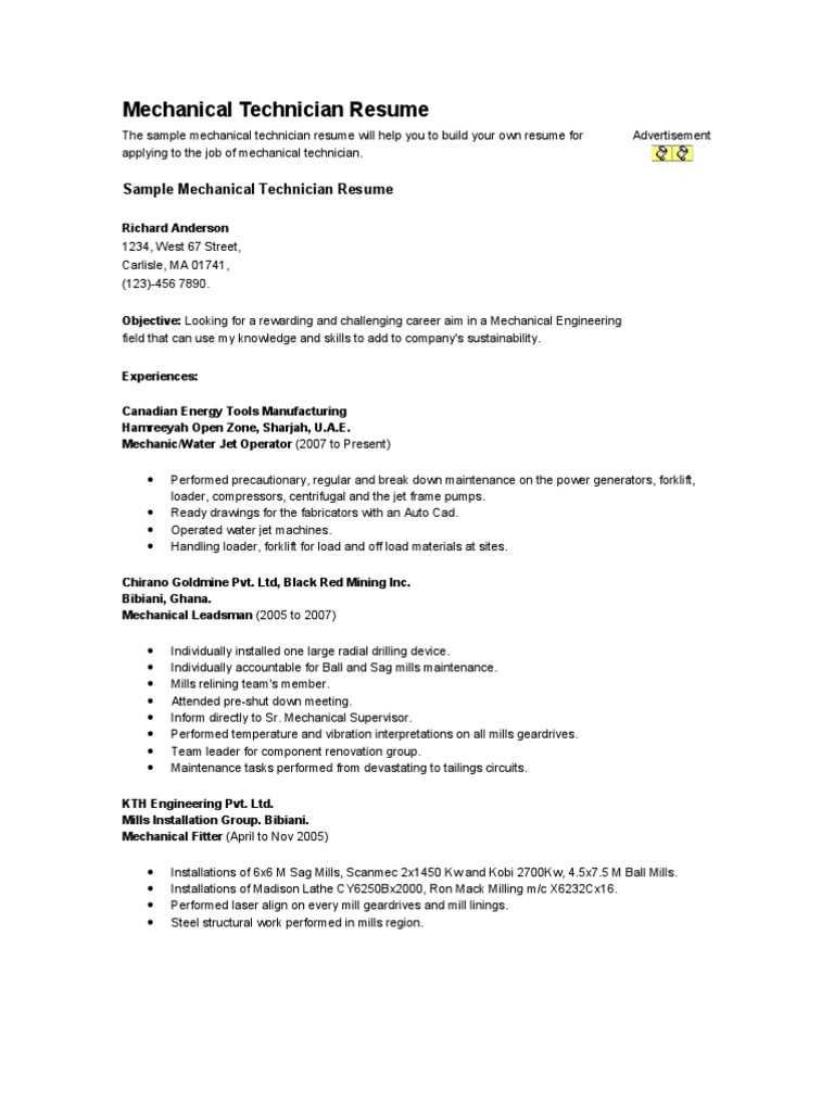 Mechanical Technician Resume | PDF | Industries | Engineering