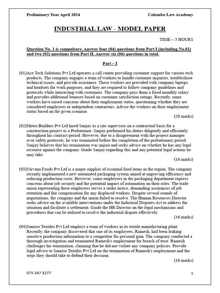 INDUSTRIAL LAW - Model Paper April 2024 | PDF | Employment | Layoff