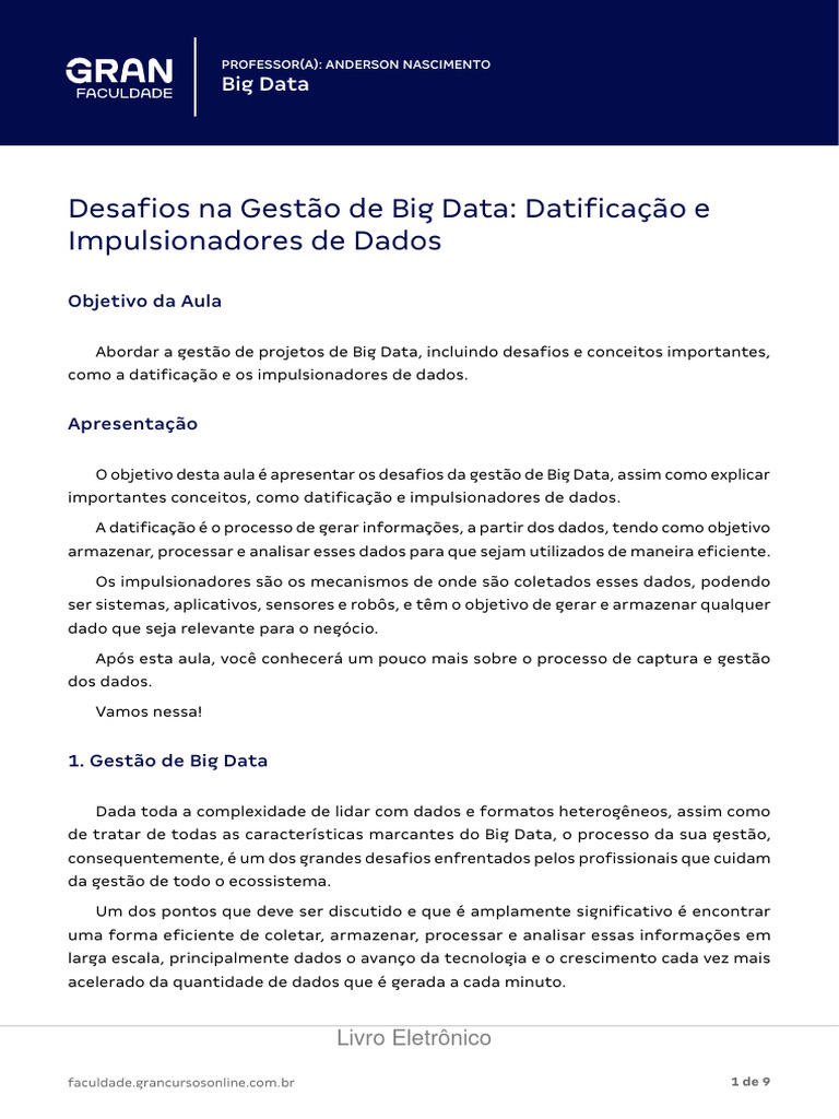 Apostila - Desafios Na Gestão de Big Data - Dataficação e ...