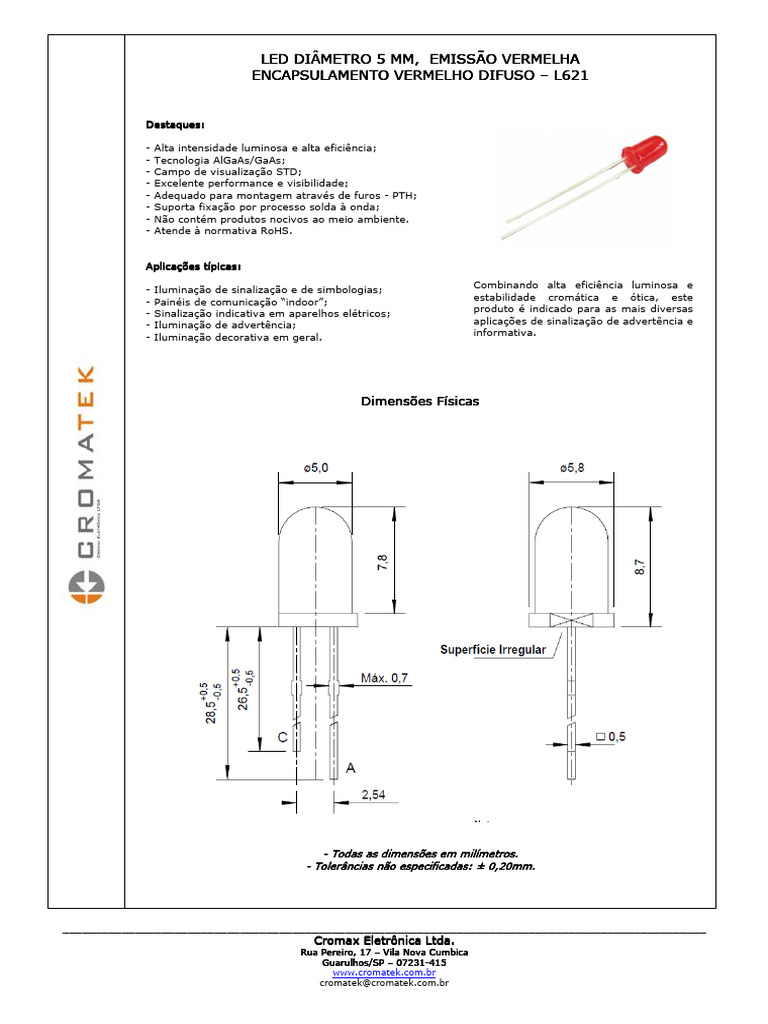 LED 5mm Vermelho Difuso - Cromatek | PDF | Embalagem e rotulagem | Diodo emissor de luz