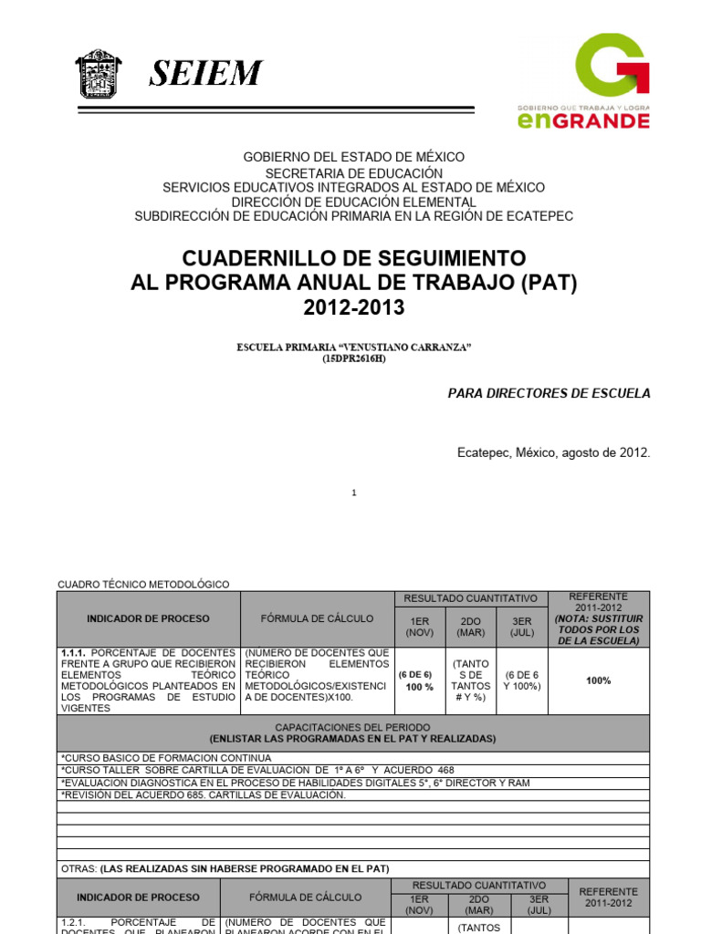 Seguimiento al PAT 2012-2013 en Primaria | PDF | Maestros | Aprendizaje