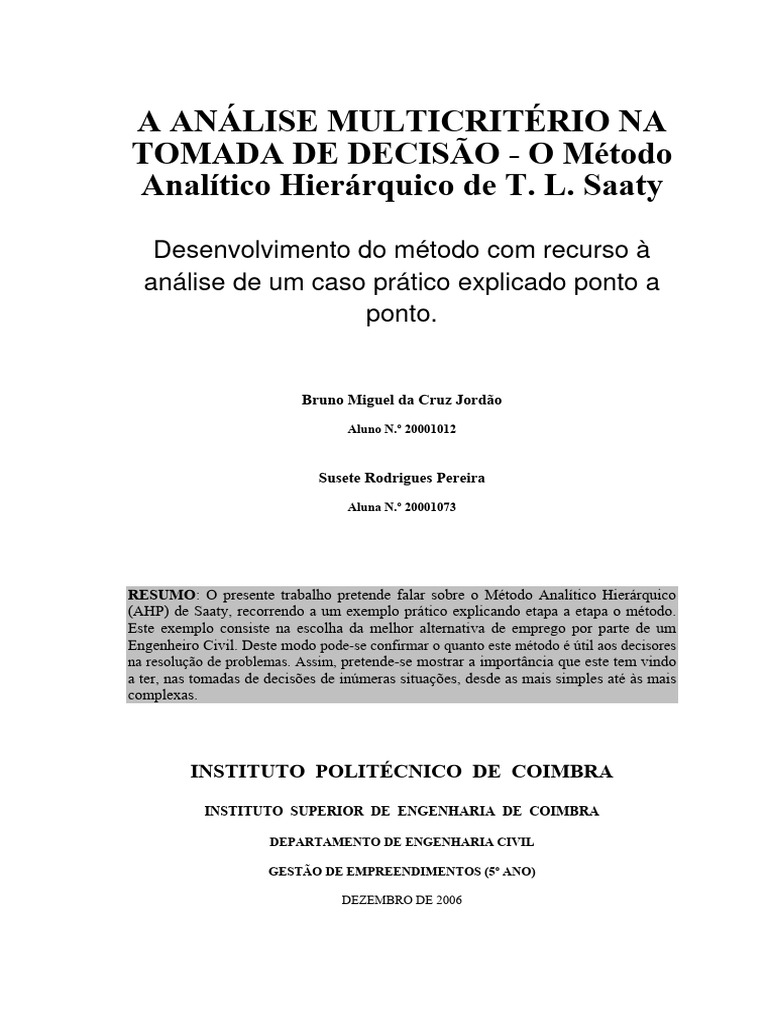 Desvendando o Método AHP: Uma Abordagem Abrangente para Tomada de Decisão | PDF | Custo de vida ...