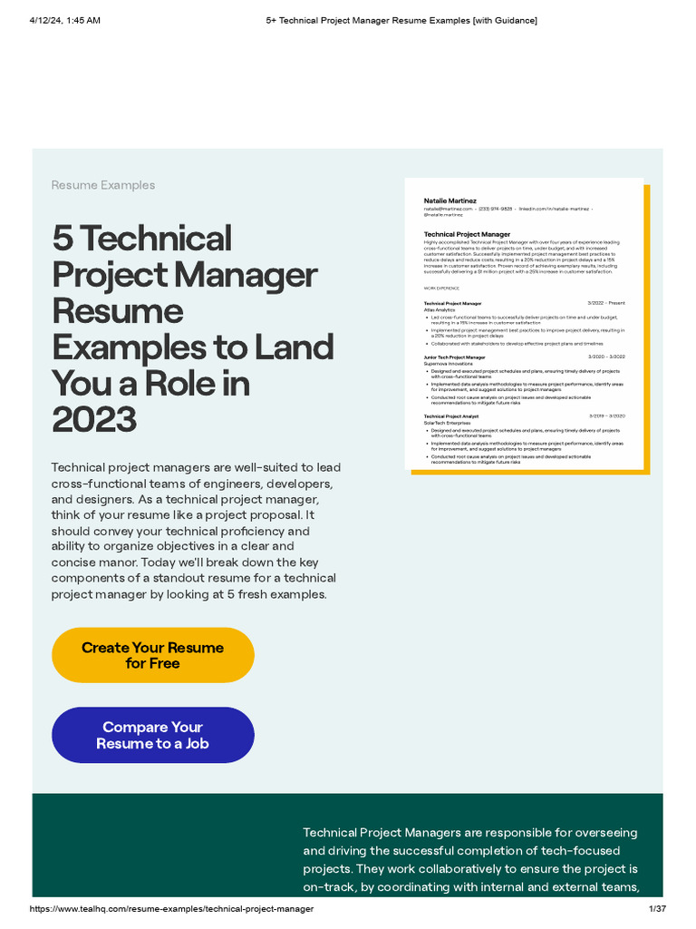 5+ Technical Project Manager Resume Examples (With Guidance) | PDF ...