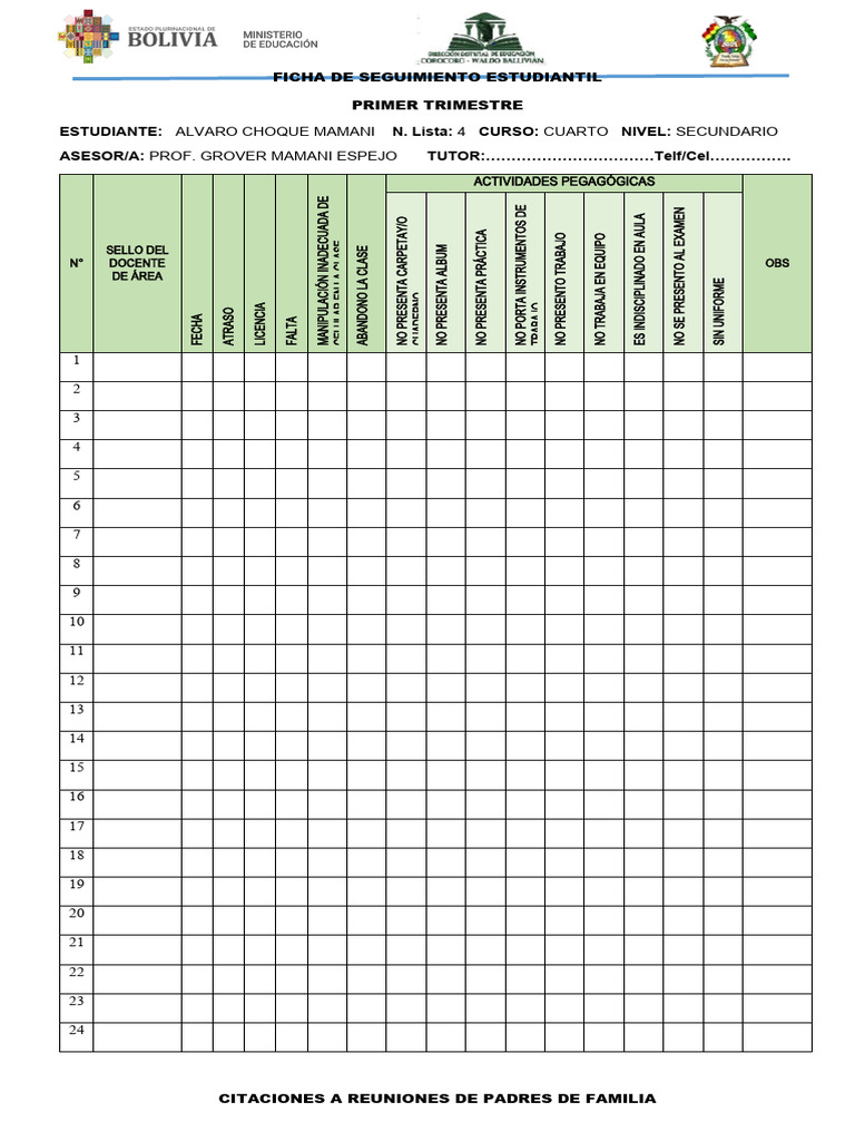 Ficha de Seguimiento Estudiantil 2 | PDF