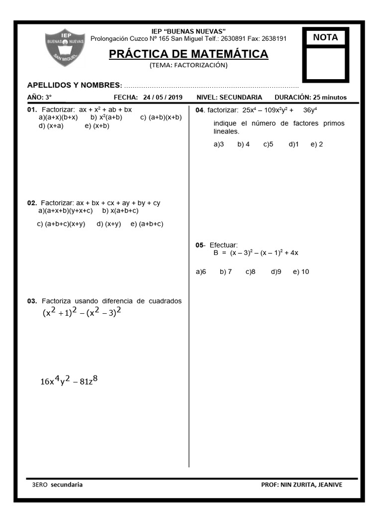 Formato Práctica Calificada 3 - 3ro 2019 | PDF | Matemática Elemental | Factorización