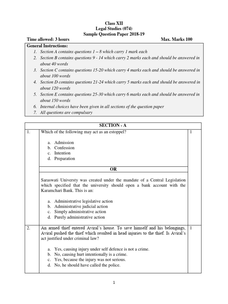 Class XII Legal Studies Sample Paper 2018-19 | PDF | Mediation | Advocate