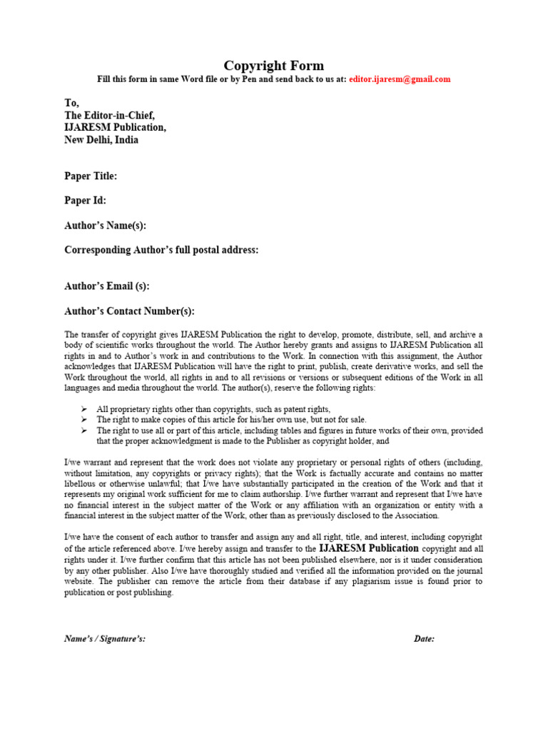 Copyright Form IJARESM Journal 2 | PDF | Copyright | Derivative Work
