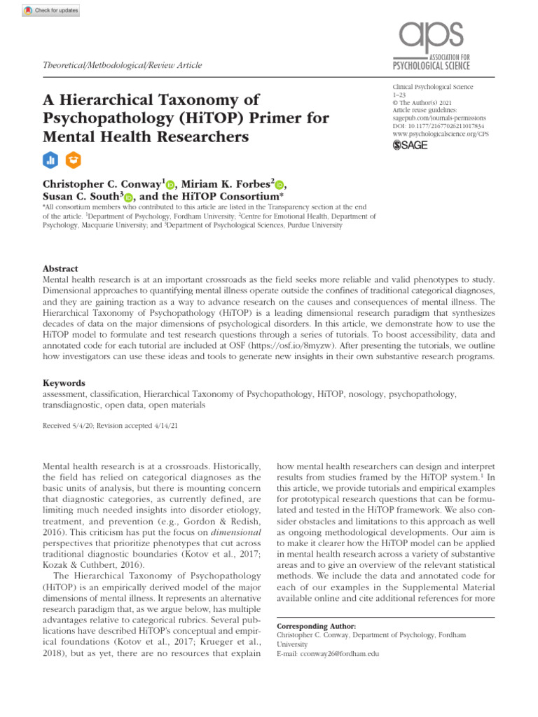 A Hierarchical Taxonomy of Psychopathology (Hitop) Primer For Mental ...