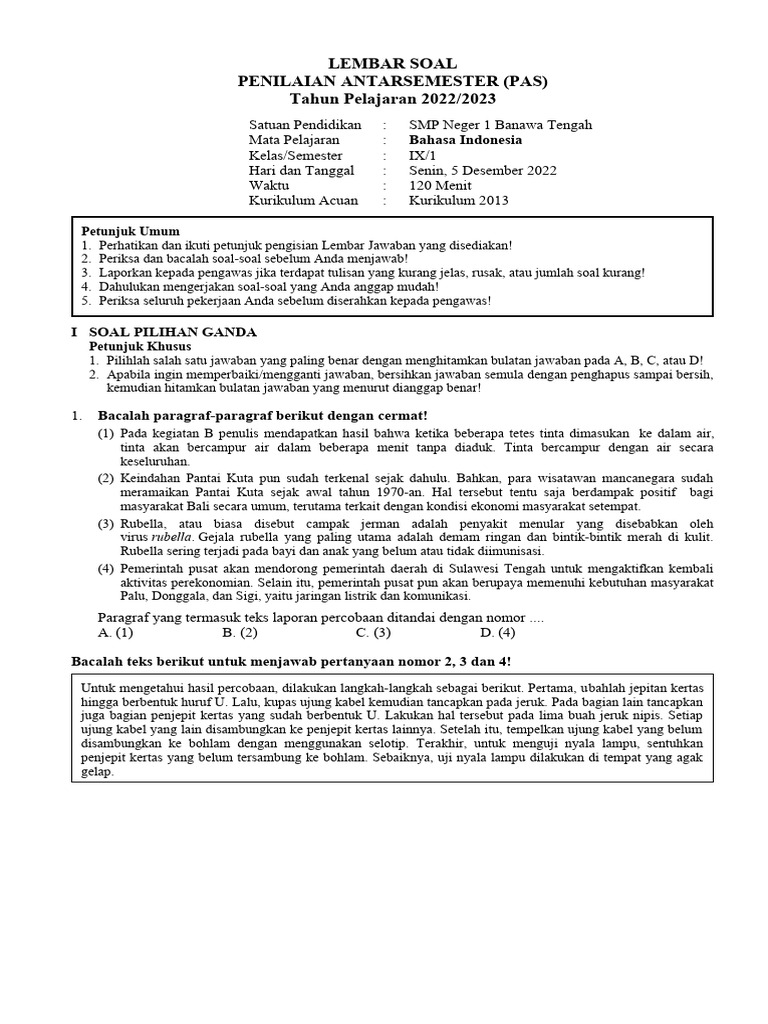 Soal PG Semester Ganjil 2022 Bindo KLS 9 | PDF