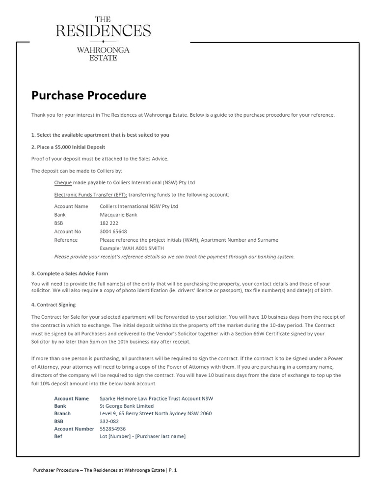 The Residences at Wahroonga Estate_Purchase Procedure | PDF | Banks | Receipt