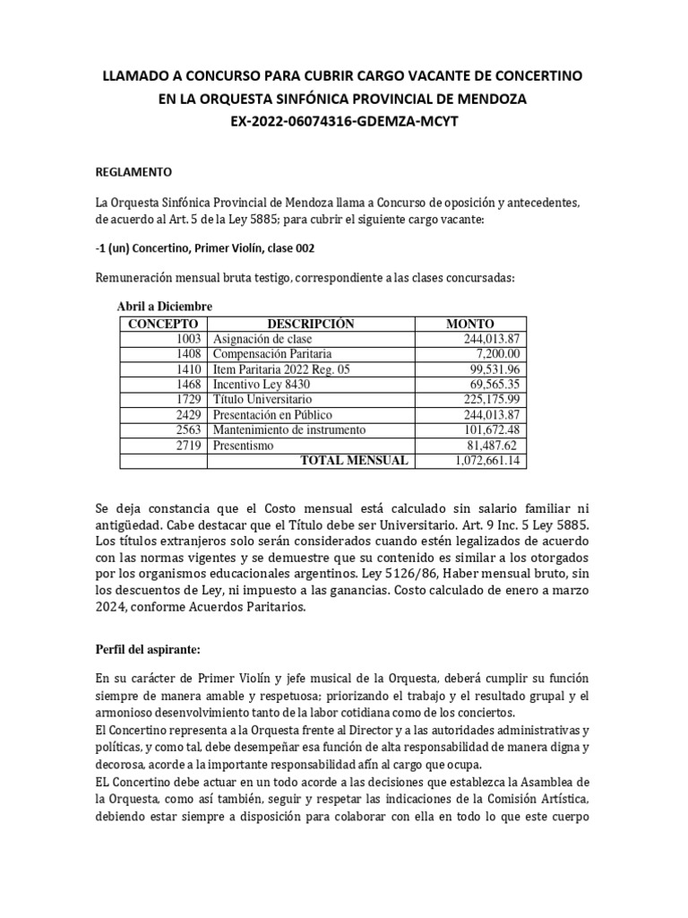 Concurso para Concertino en Mendoza | PDF | Orquestas | Documento de identidad