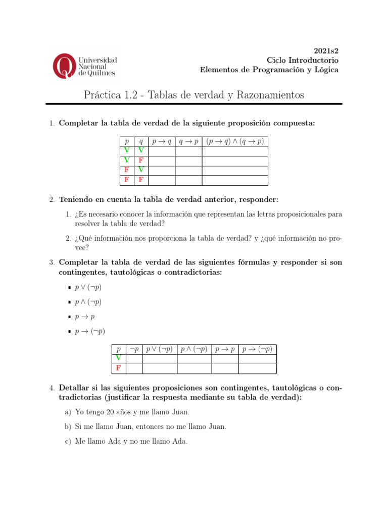 1.2 Tablas de Verdad y Razonamientos PRACTICA | PDF | Proposición | Verdad