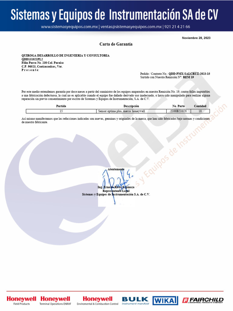 Carta Garantía Sensor Optima | PDF