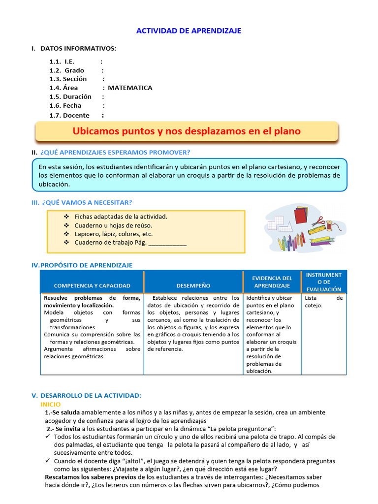 D2 A1 SESION MAT. Ubicamos Puntos y Nos Desplazamos en El Plano | PDF