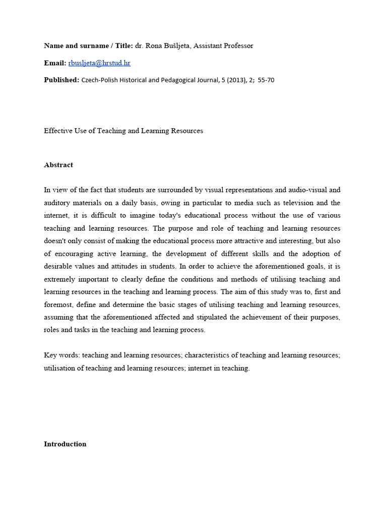 Effective Use of Teaching and Learning Resources | PDF | Learning | Information