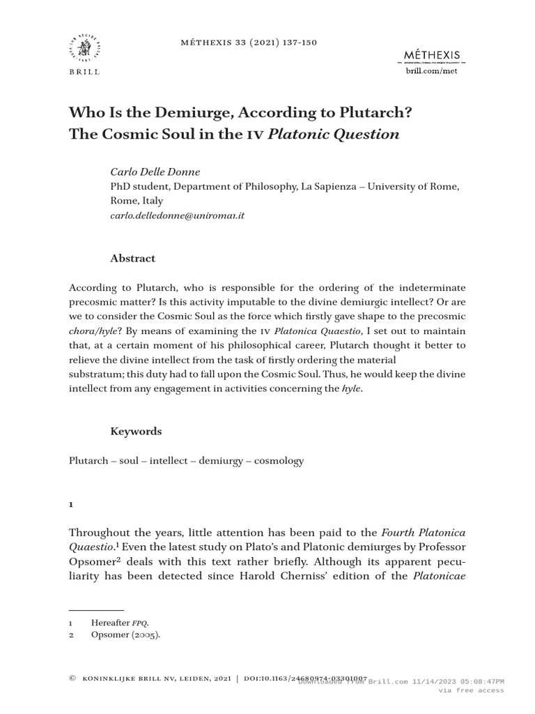 Who Is the Demiurge According to Plutarch | PDF | Soul | Nous