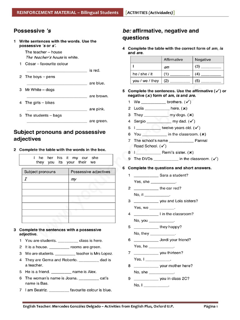 Possessives ‘s - Verb be - activities beginner | PDF