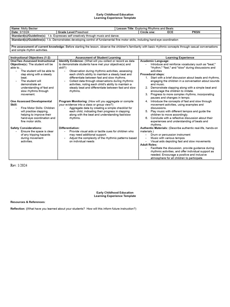 Ece Lesson Plan Template Music | PDF | Rhythm | Early Childhood Education