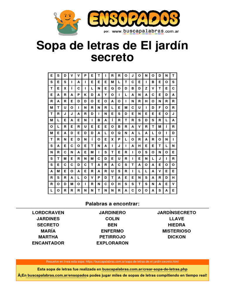 Sopa de letras: El jardín secreto | PDF
