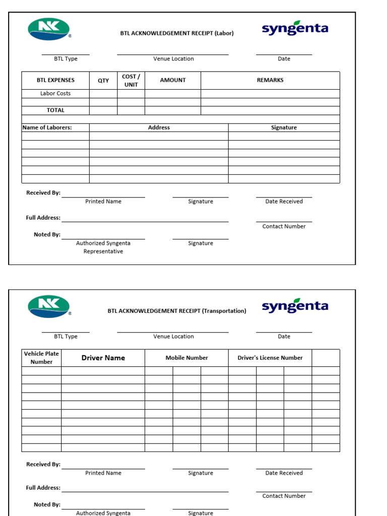 BTL Acknowledgement Receipt Template | PDF