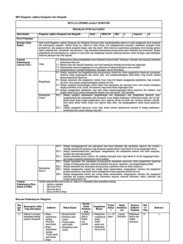 RPS Pengantar Aplikasi Komputer Dan Mengetik | PDF