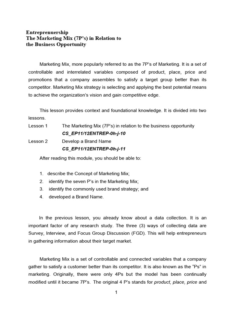 Z005 Entreprenuership Q1 MODULE 5 The Marketing Mix 7Ps in Relation To The Business Opportunity ...