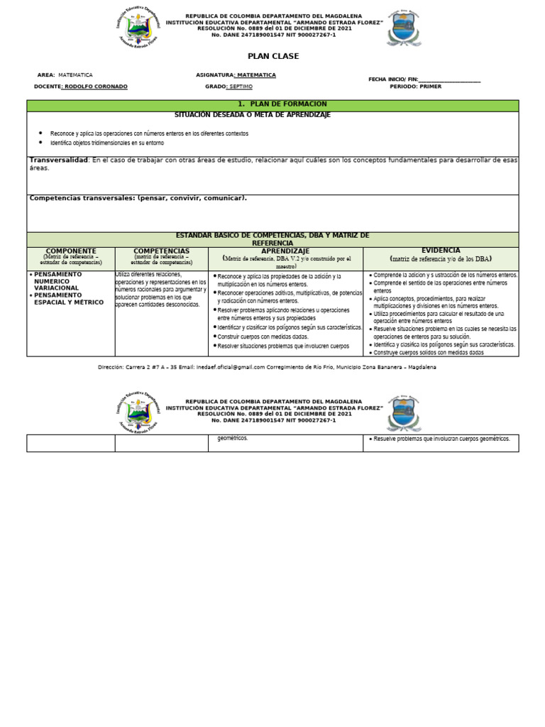 Formato Plan de Clases Matematicas Grado 7 | PDF | Salón de clases | Aprendizaje