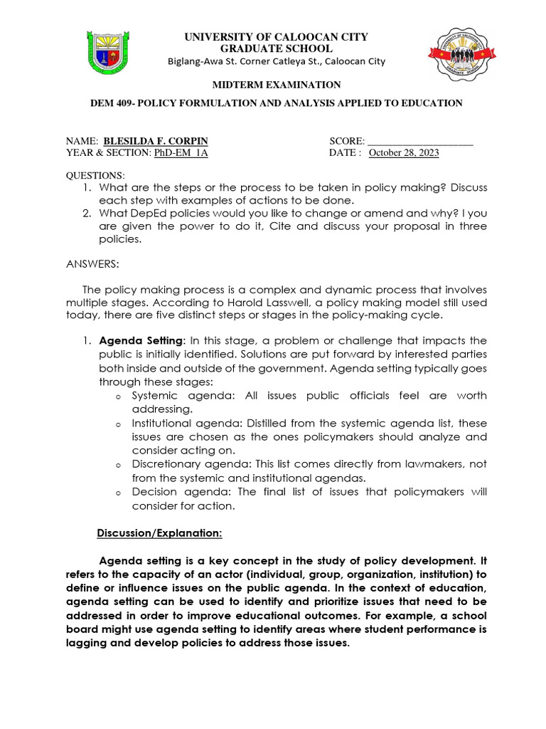 BLESILDA - CORPIN - PhD-EM 409 - Midtern | PDF | Policy | Evaluation