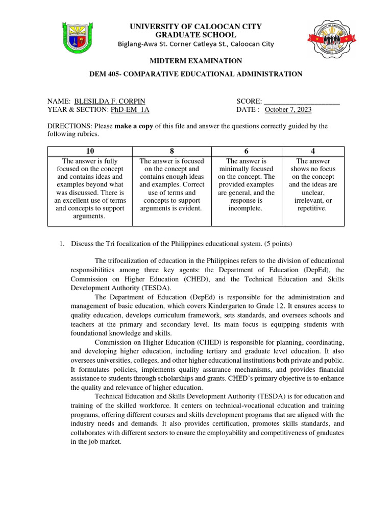 Corpin Jblesilda - Midterm Exam Dem 405 Comparative Educational Administration | PDF ...