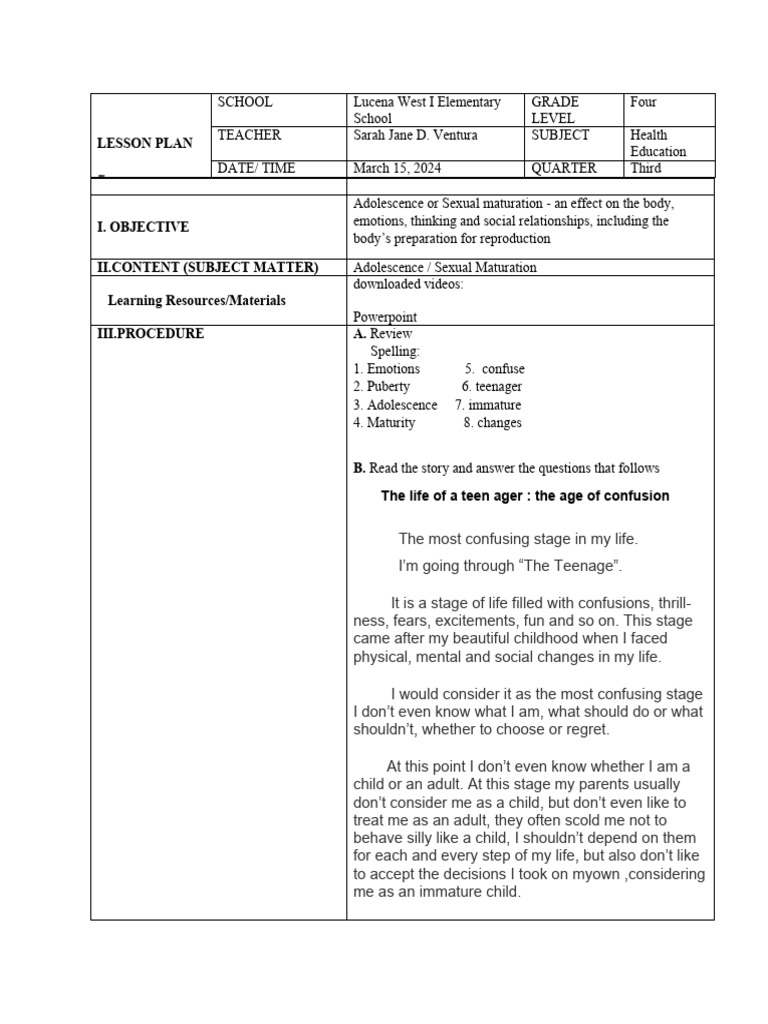 March 15 2024 HEALTH EDUCATION LESSON Autosaved | PDF | Adolescence | Psychological Concepts