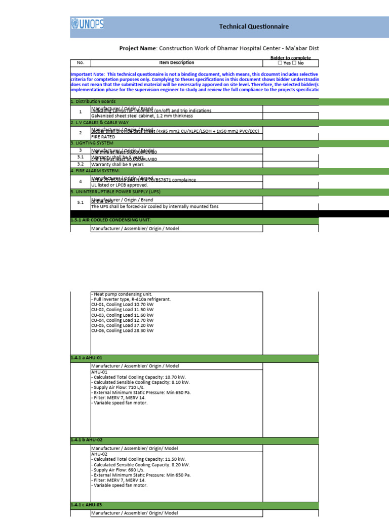 Annex 1.4 - RFQ-Dhamar Hospital Section III Returnable Technical Questionnaire | PDF | Pump ...