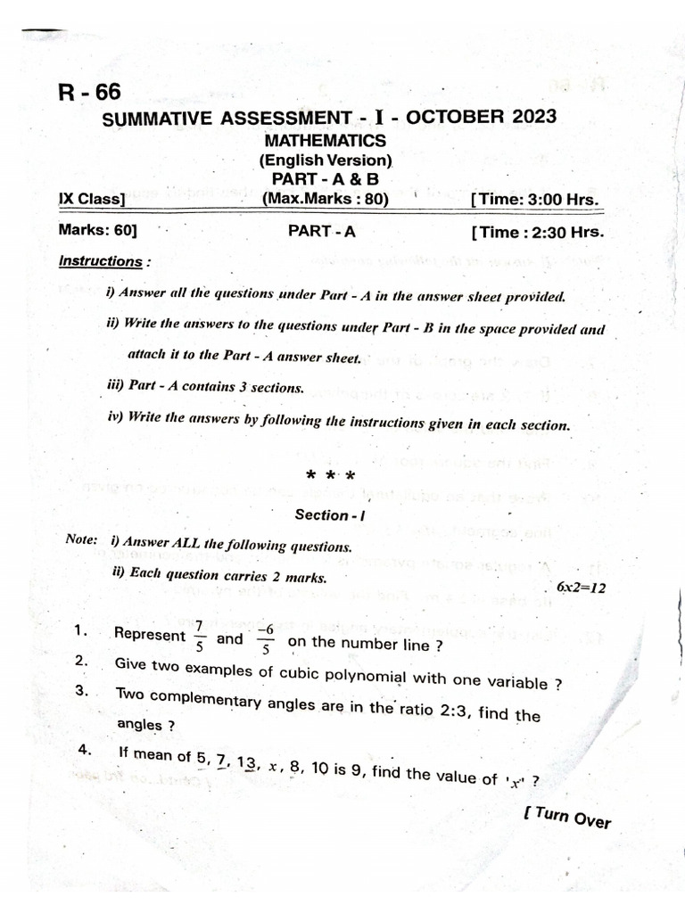 9th Class Sa1 Question Papers 2023 | PDF